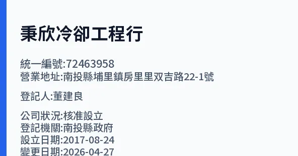秉欣冷卻工程行的照片-統編 72463958(南投縣) 公司登記資料與營業項目詳細圖表