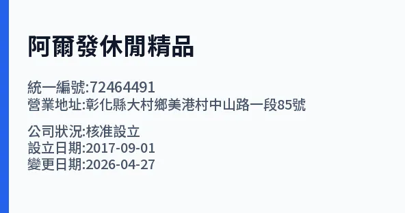 阿爾發休閒精品的照片-統編 72464491(彰化縣) 公司登記資料與營業項目詳細圖表
