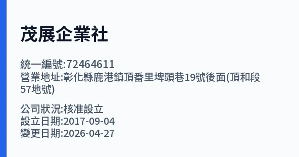 茂展企業社的照片-統編 72464611(彰化縣) 公司登記資料與營業項目詳細圖表