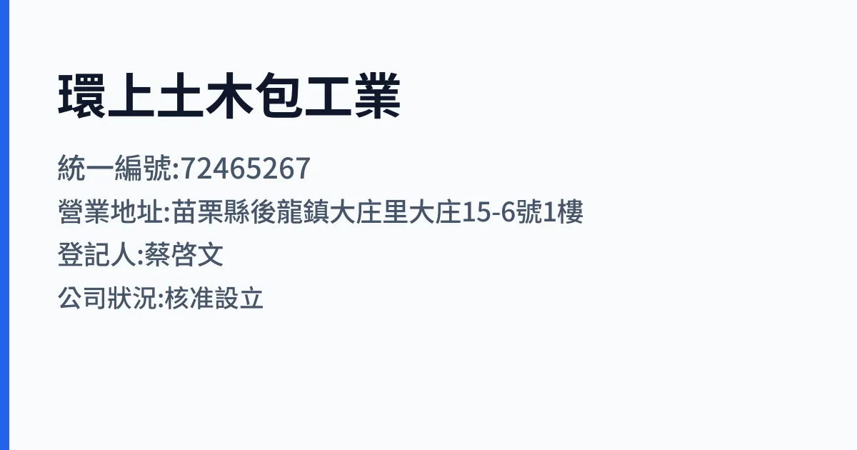 環上土木包工業 - 統編 72465267(苗栗縣) 公司登記資料與營業項目詳細圖表
