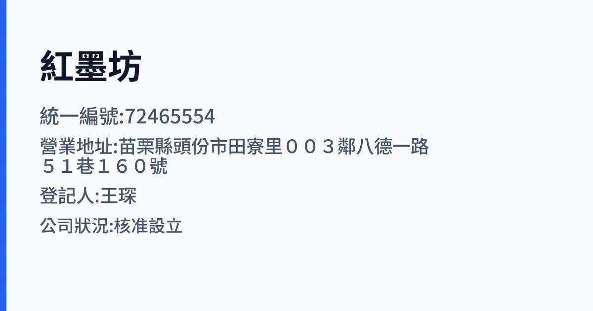 紅墨坊 - 統編 72465554(苗栗縣) 公司登記資料與營業項目詳細圖表