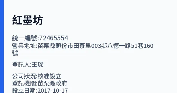 紅墨坊的照片-統編 72465554(苗栗縣) 公司登記資料與營業項目詳細圖表