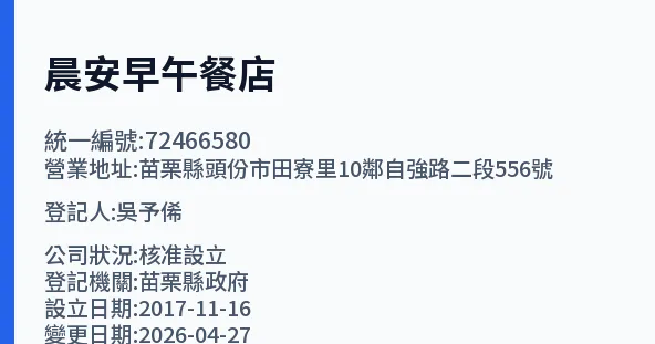 晨安早午餐店的照片-統編 72466580(苗栗縣) 公司登記資料與營業項目詳細圖表
