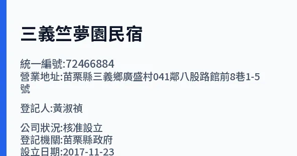 三義竺夢園民宿的照片-統編 72466884(苗栗縣) 公司登記資料與營業項目詳細圖表