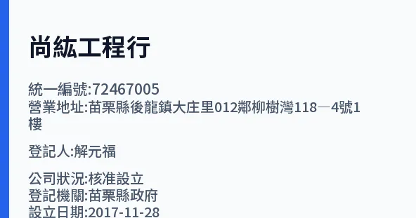 尚紘工程行的照片-統編 72467005(苗栗縣) 公司登記資料與營業項目詳細圖表