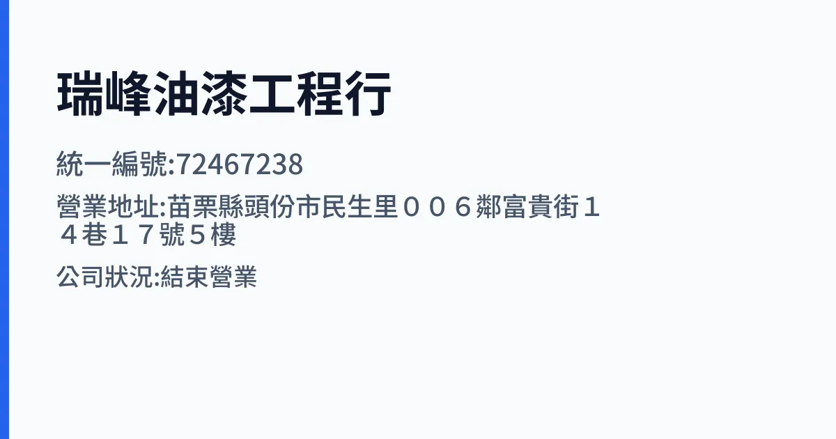 瑞峰油漆工程行 - 統編 72467238(苗栗縣) 公司登記資料與營業項目詳細圖表