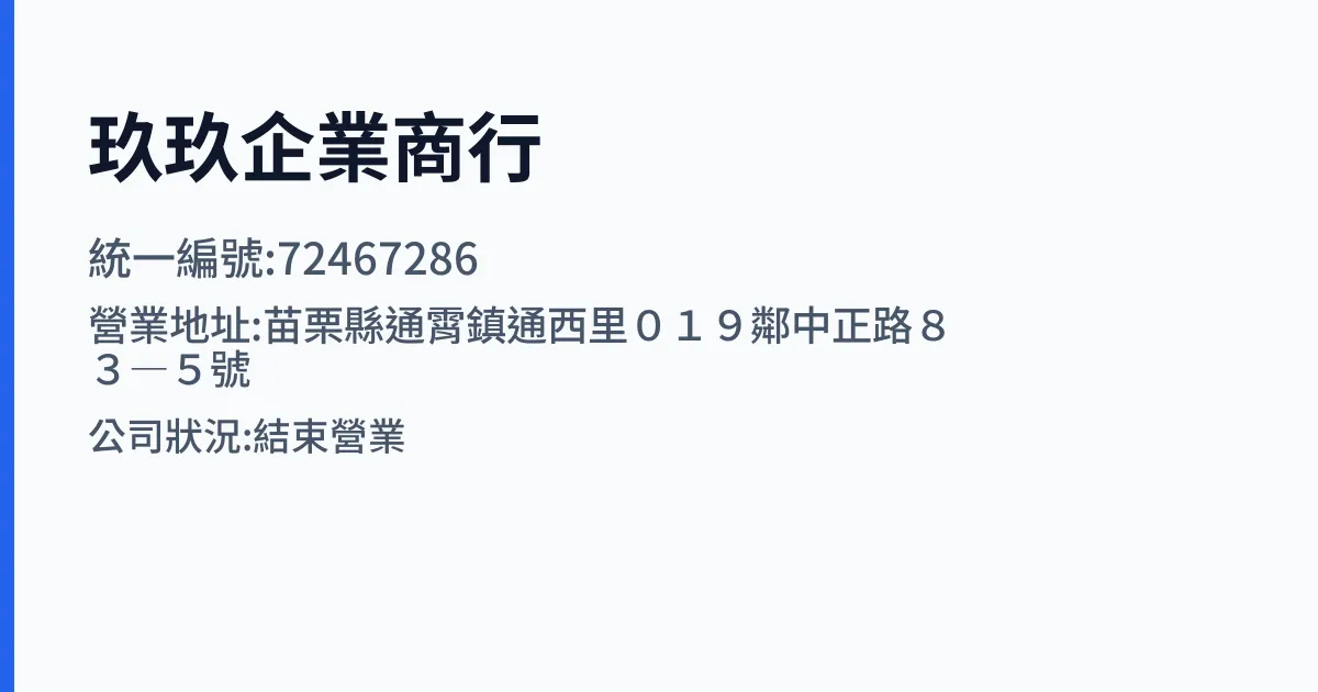 玖玖企業商行 - 統編 72467286(苗栗縣) 公司登記資料與營業項目詳細圖表