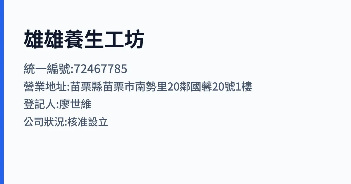 雄雄養生工坊 - 統編 72467785(苗栗縣) 公司登記資料與營業項目詳細圖表