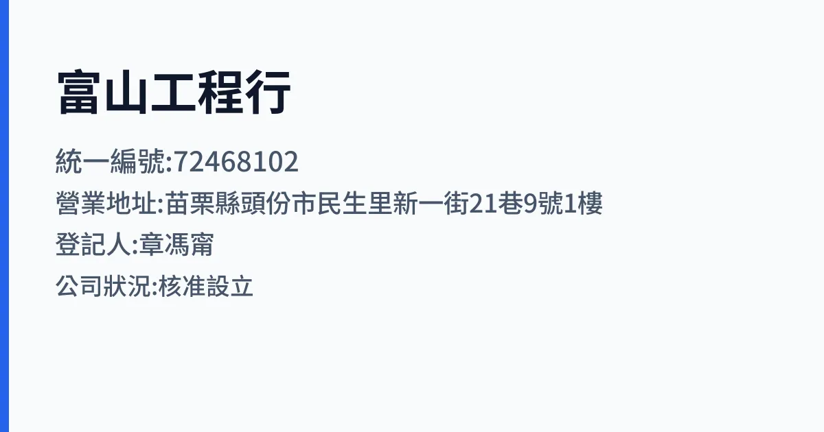 富山工程行 - 統編 72468102(苗栗縣) 公司登記資料與營業項目詳細圖表
