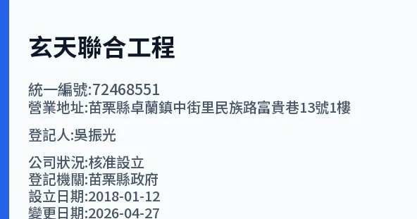 玄天聯合工程的照片-統編 72468551(苗栗縣) 公司登記資料與營業項目詳細圖表