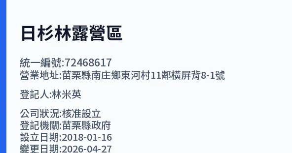 日杉林露營區的照片-統編 72468617(苗栗縣) 公司登記資料與營業項目詳細圖表