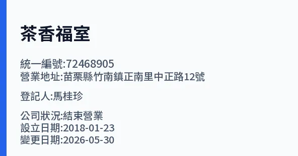 茶香福室的照片-統編 72468905(苗栗縣) 公司登記資料與營業項目詳細圖表