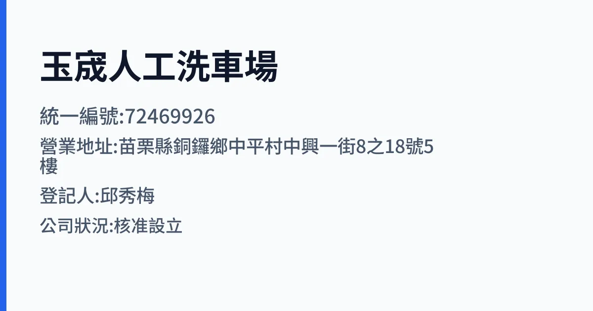 玉宬人工洗車場 - 統編 72469926(苗栗縣) 公司登記資料與營業項目詳細圖表