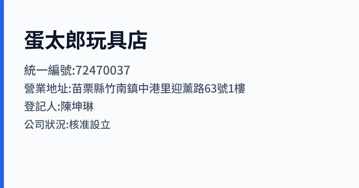 蛋太郎玩具店 - 統編 72470037(苗栗縣) 公司登記資料與營業項目詳細圖表