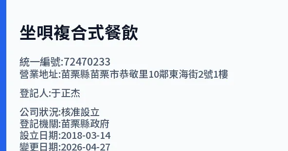 坐唄複合式餐飲的照片-統編 72470233(苗栗縣) 公司登記資料與營業項目詳細圖表