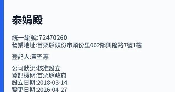 泰娟殿的照片-統編 72470260(苗栗縣) 公司登記資料與營業項目詳細圖表