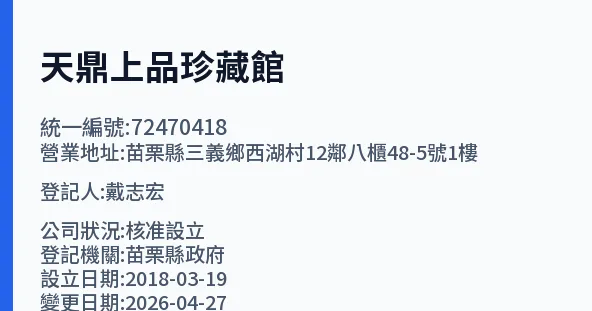 天鼎上品珍藏館的照片-統編 72470418(苗栗縣) 公司登記資料與營業項目詳細圖表