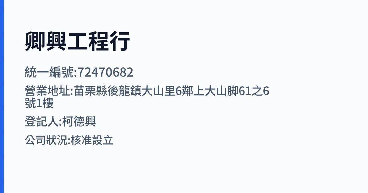 卿興工程行 - 統編 72470682(苗栗縣) 公司登記資料與營業項目詳細圖表