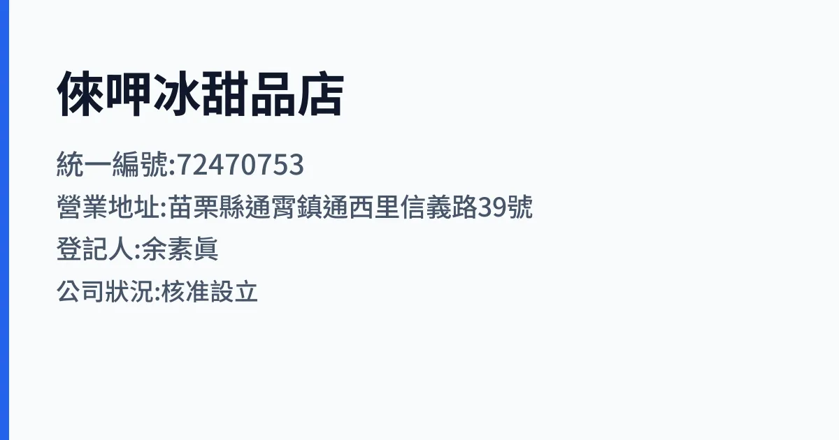 倈呷冰甜品店 - 統編 72470753(苗栗縣) 公司登記資料與營業項目詳細圖表