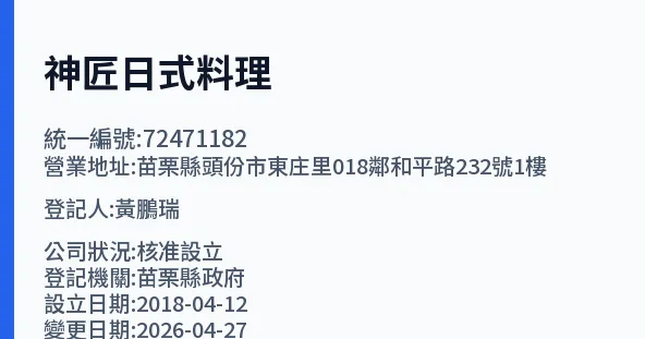 神匠日式料理的照片-統編 72471182(苗栗縣) 公司登記資料與營業項目詳細圖表
