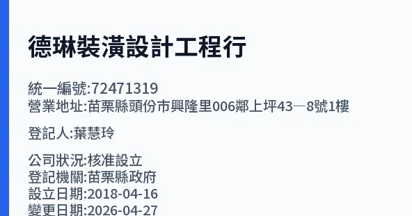 德琳裝潢設計工程行的照片-統編 72471319(苗栗縣) 公司登記資料與營業項目詳細圖表