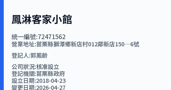 鳳淋客家小館的照片-統編 72471562(苗栗縣) 公司登記資料與營業項目詳細圖表