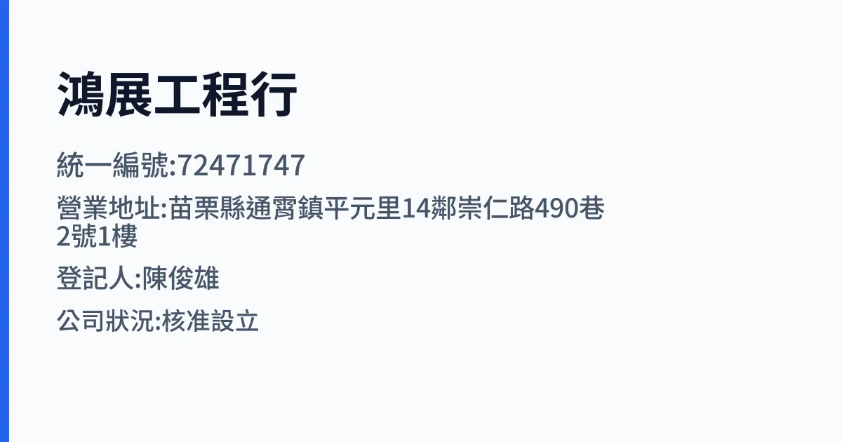 鴻展工程行 - 統編 72471747(苗栗縣) 公司登記資料與營業項目詳細圖表