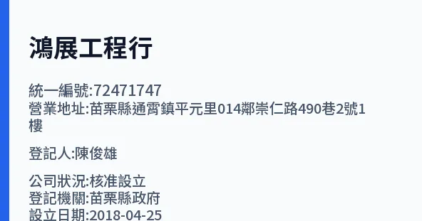 鴻展工程行的照片-統編 72471747(苗栗縣) 公司登記資料與營業項目詳細圖表