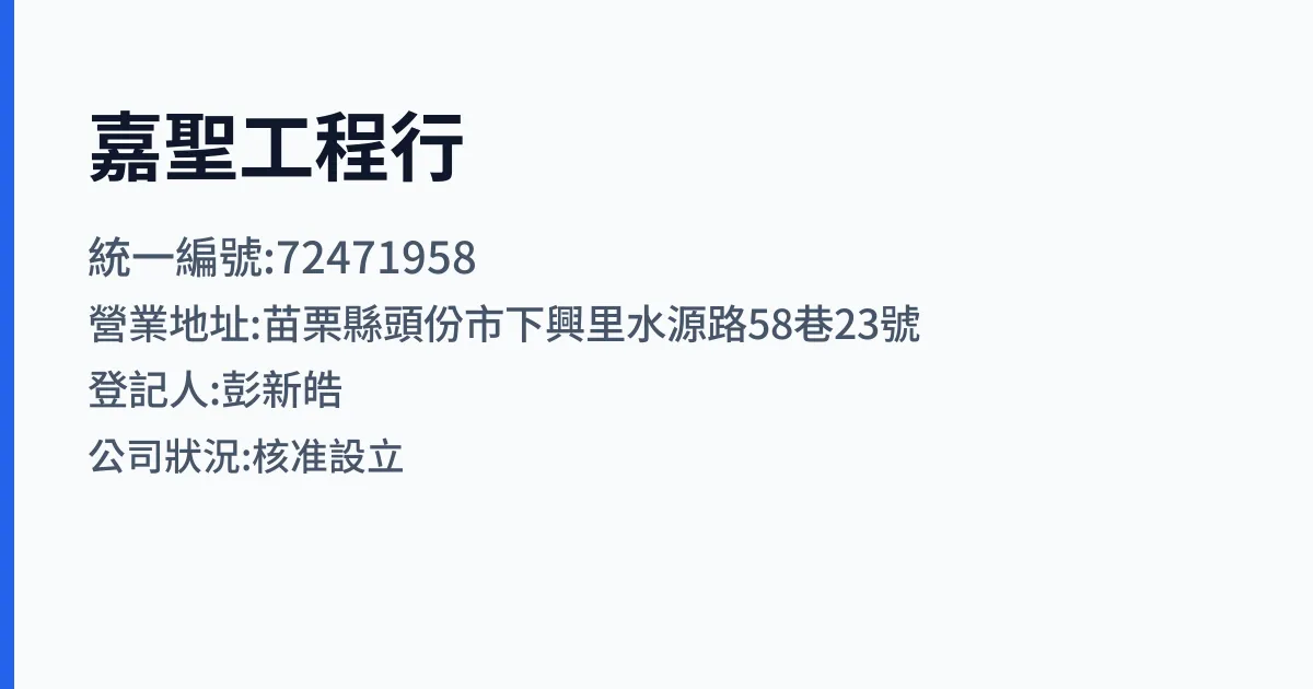 嘉聖工程行 - 統編 72471958(苗栗縣) 公司登記資料與營業項目詳細圖表