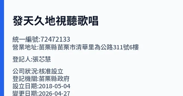 發天久地視聽歌唱的照片-統編 72472133(苗栗縣) 公司登記資料與營業項目詳細圖表