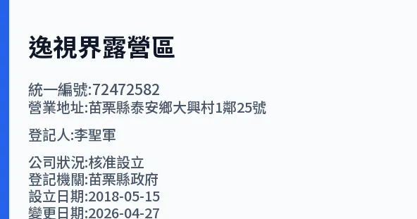 逸視界露營區的照片-統編 72472582(苗栗縣) 公司登記資料與營業項目詳細圖表