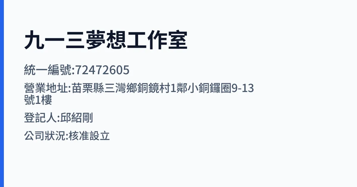 九一三夢想工作室 - 統編 72472605(苗栗縣) 公司登記資料與營業項目詳細圖表