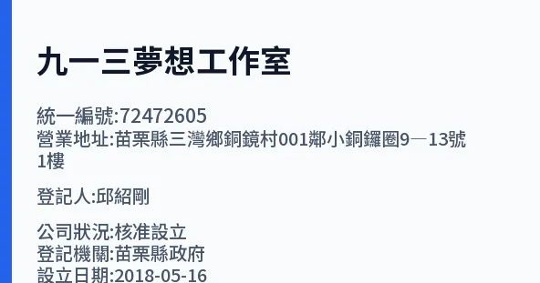 九一三夢想工作室的照片-統編 72472605(苗栗縣) 公司登記資料與營業項目詳細圖表