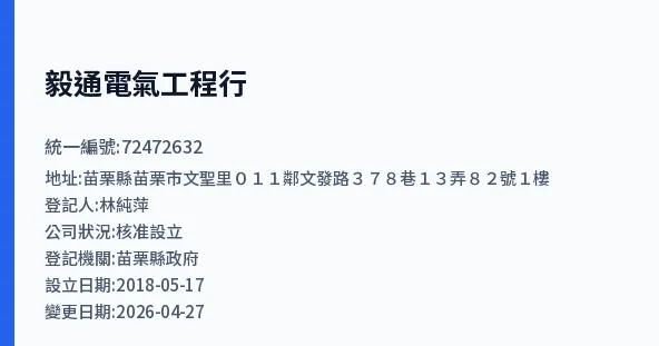 毅通電氣工程行的照片-統編 72472632(苗栗縣) 公司登記資料與營業項目詳細圖表