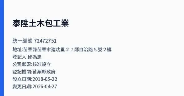 泰陞土木包工業的照片-統編 72472751(苗栗縣) 公司登記資料與營業項目詳細圖表