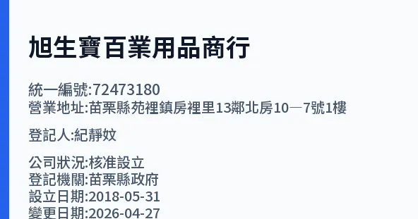 旭生寶百業用品商行的照片-統編 72473180(苗栗縣) 公司登記資料與營業項目詳細圖表