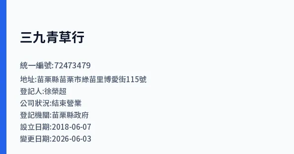 三九青草行的照片-統編 72473479(苗栗縣) 公司登記資料與營業項目詳細圖表