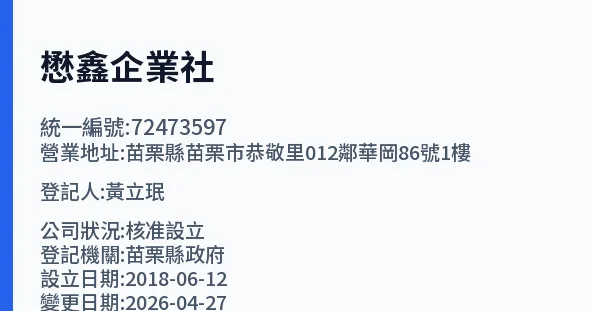 懋鑫企業社的照片-統編 72473597(苗栗縣) 公司登記資料與營業項目詳細圖表
