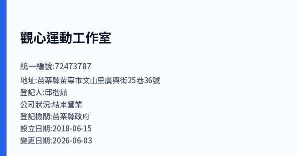 觀心運動工作室的照片-統編 72473787(苗栗縣) 公司登記資料與營業項目詳細圖表