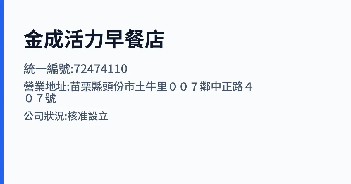 金成活力早餐店 - 統編 72474110(苗栗縣) 公司登記資料與營業項目詳細圖表