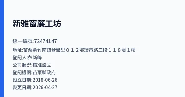 新雅窗簾工坊的照片-統編 72474147(苗栗縣) 公司登記資料與營業項目詳細圖表