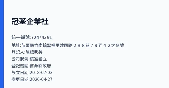冠荃企業社的照片-統編 72474391(苗栗縣) 公司登記資料與營業項目詳細圖表