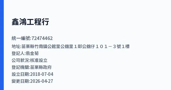 鑫鴻工程行的照片-統編 72474462(苗栗縣) 公司登記資料與營業項目詳細圖表