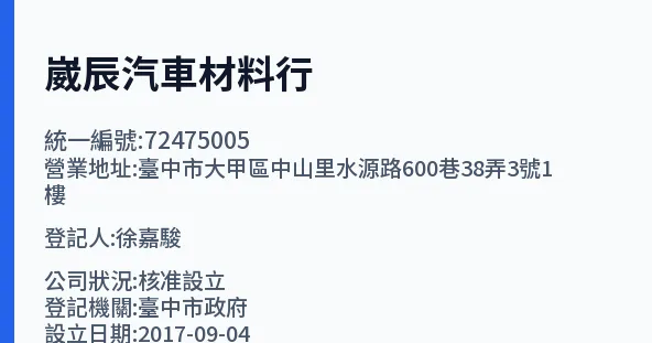 崴辰汽車材料行的照片-統編 72475005(臺中市) 公司登記資料與營業項目詳細圖表