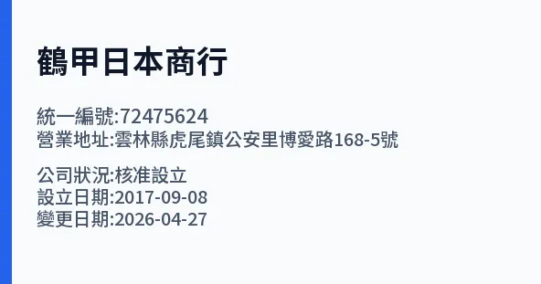 鶴甲日本商行的照片-統編 72475624(雲林縣) 公司登記資料與營業項目詳細圖表