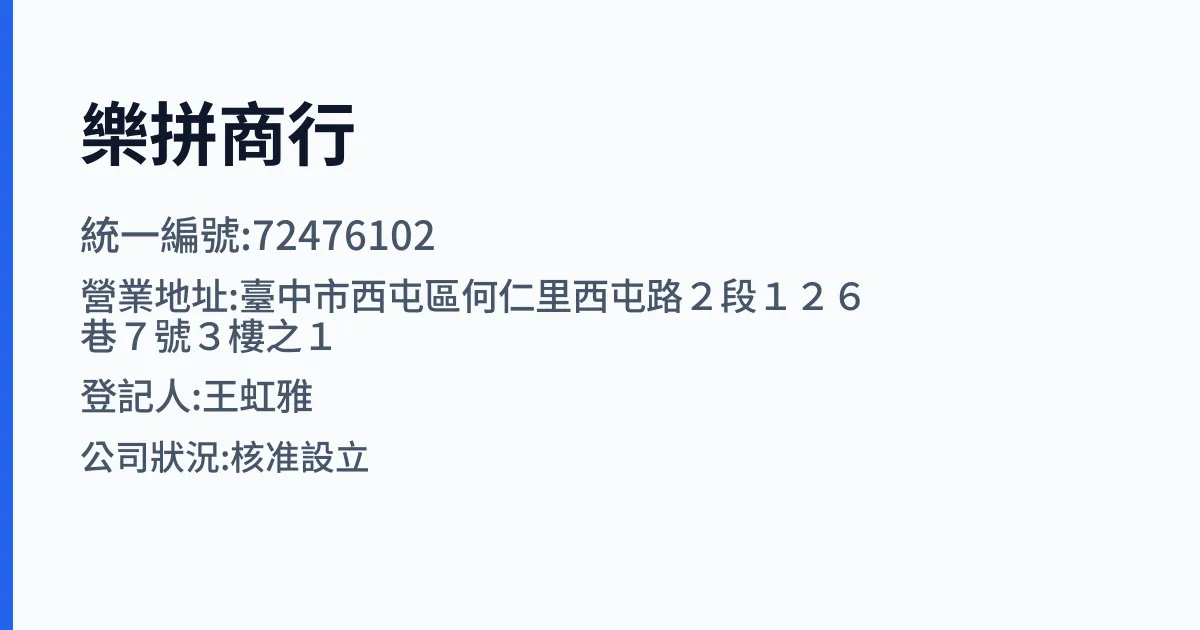 樂拼商行 - 統編 72476102(臺中市) 公司登記資料與營業項目詳細圖表