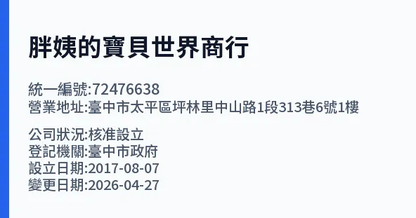 胖姨的寶貝世界商行的照片-統編 72476638(臺中市) 公司登記資料與營業項目詳細圖表