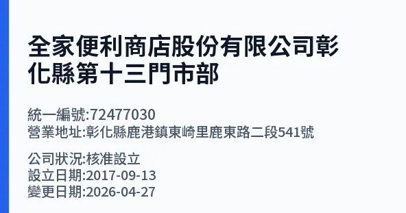 全家便利商店股份有限公司彰化縣第十三門市部的照片-統編 72477030(彰化縣) 公司登記資料與營業項目詳細圖表