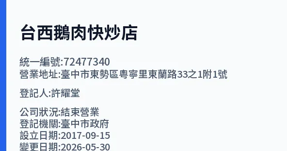 台西鵝肉快炒店的照片-統編 72477340(臺中市) 公司登記資料與營業項目詳細圖表