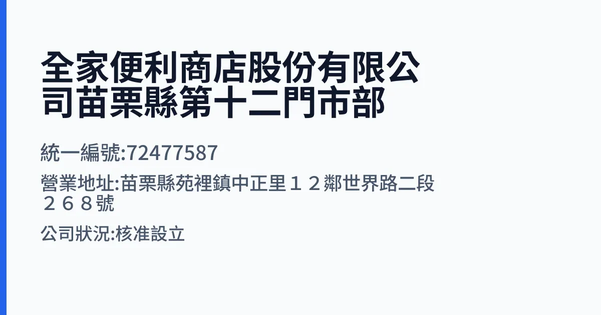 全家便利商店股份有限公司苗栗縣第十二門市部 - 統編 72477587（苗栗縣） 公司登記資料與營業項目詳細圖表